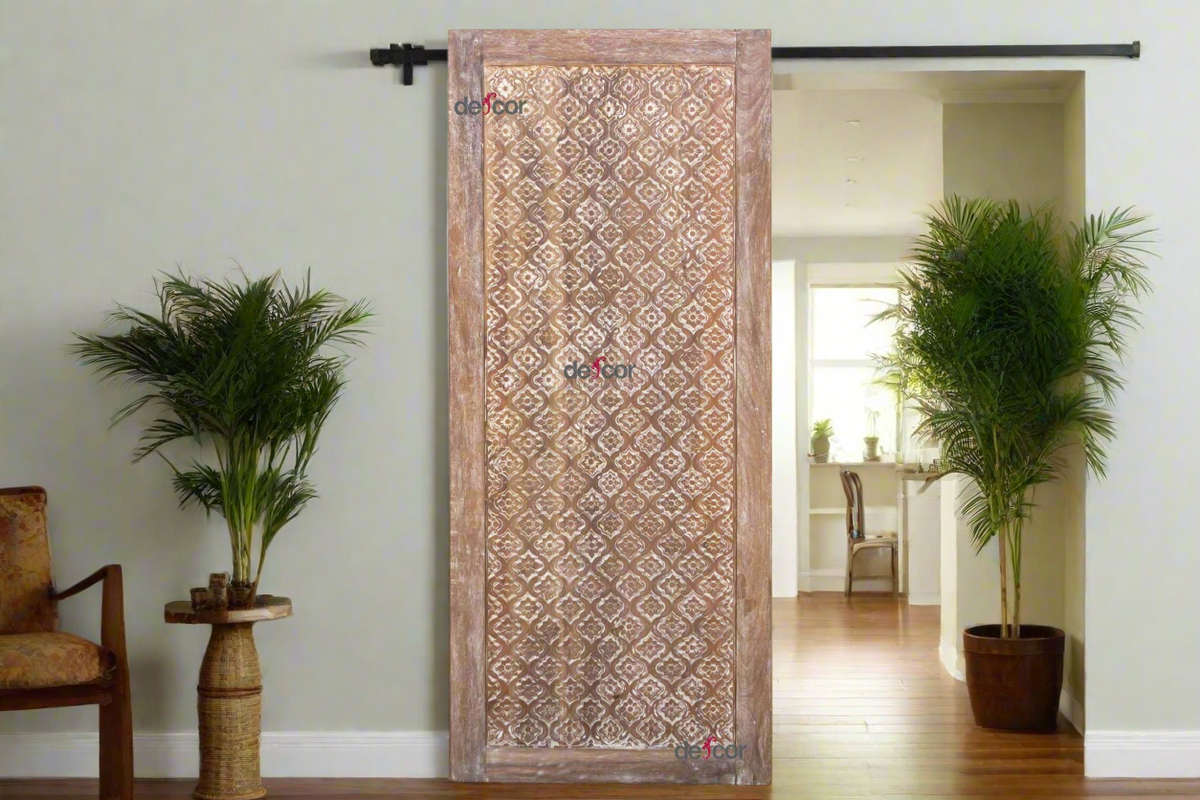 Finely Carved Indian Floral Aged White Teak Door– DE-COR | Globally Inspired