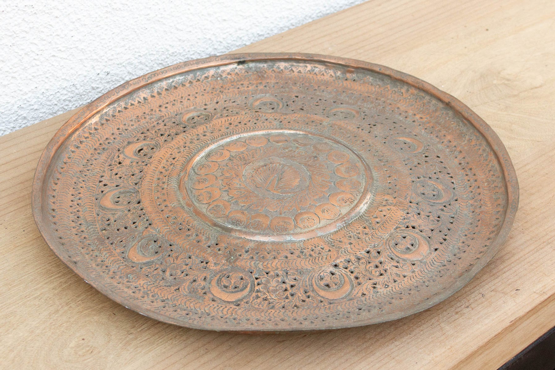 Large Antique Indian Copper Tray (15") | Crescent Moon Engraving | De ...