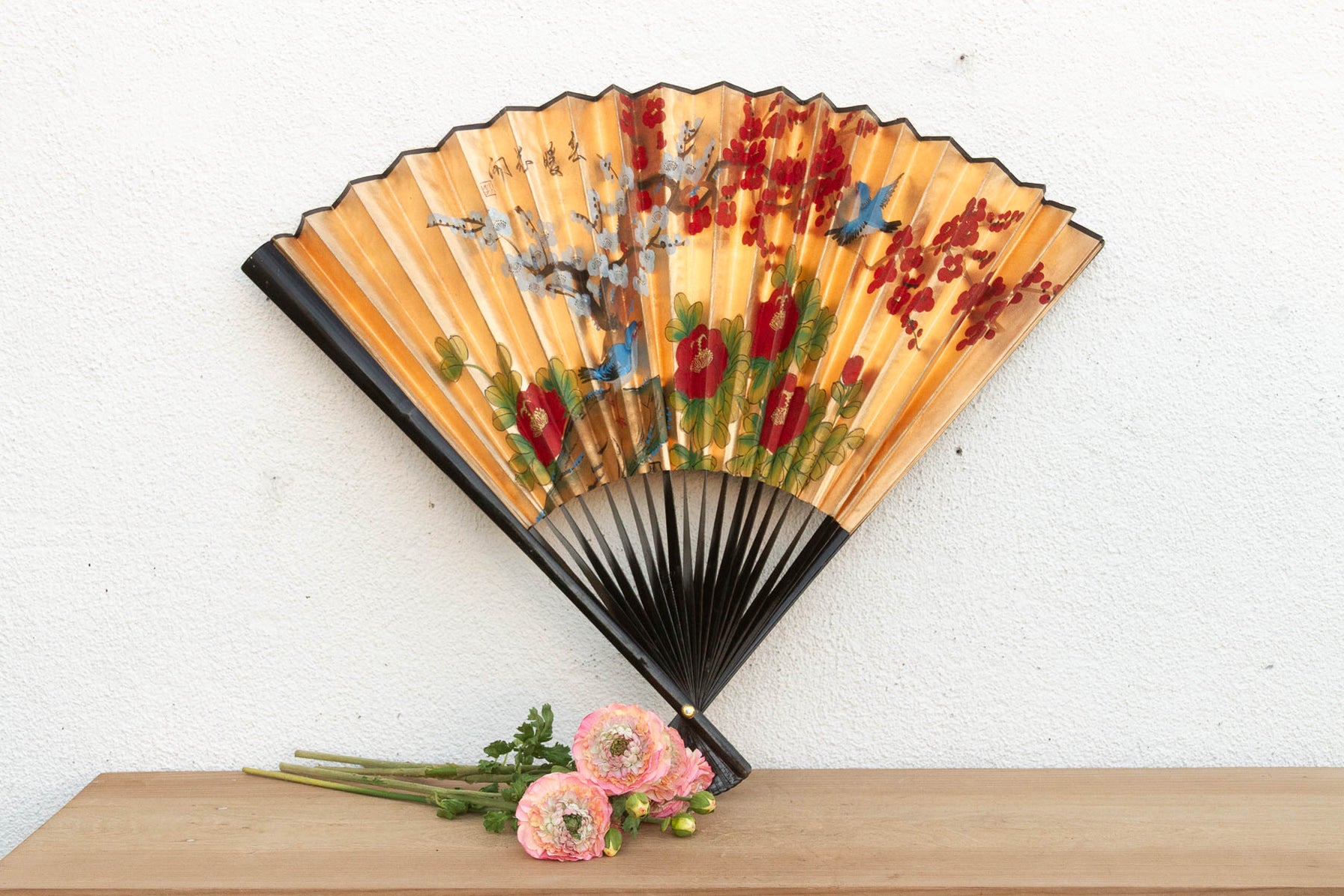 Vintage Chinoiserie Gold Wall Fan | Hand-Painted Birds & Flowers (32 ...