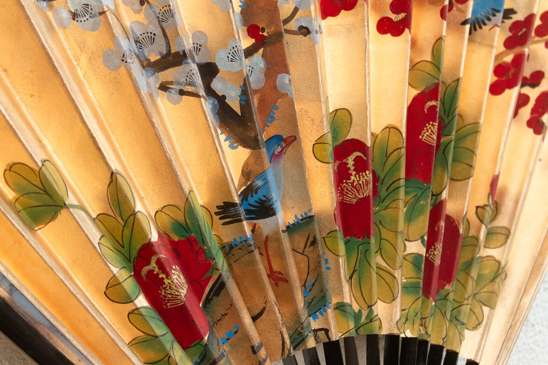 Vintage Chinoiserie Gold Wall Fan | Hand-Painted Birds & Flowers (32 ...