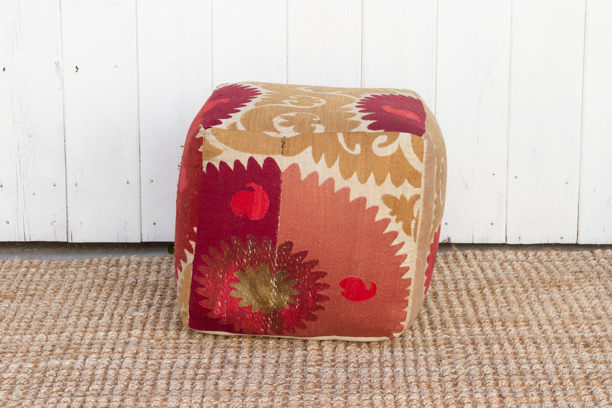 Raspberry Antique Suzani Cube Ottoman– DE-COR | Globally Inspired