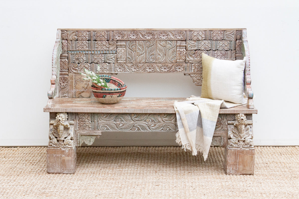Exquiste Hand-Carved Teak Tribal Settee Bench– DE-COR | Globally Inspired