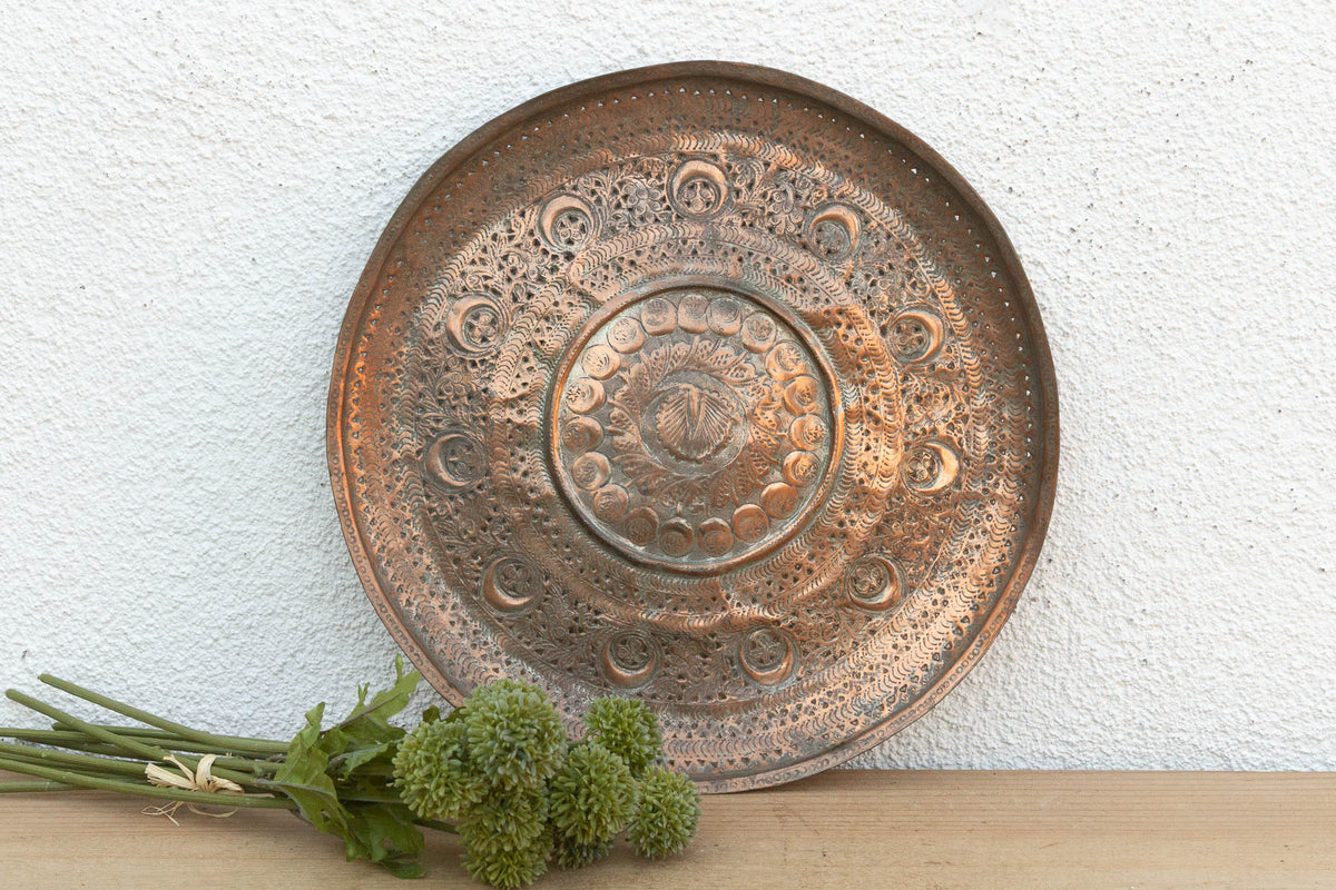 Large Antique Indian Copper Tray (15") | Crescent Moon Engraving | De ...